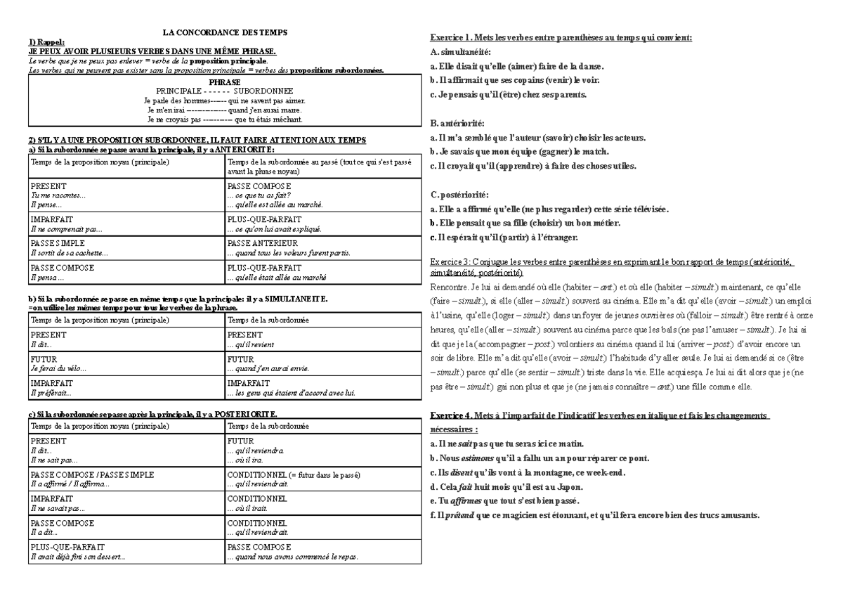 Concordance des Temps : Règles et Exercices Pratiques en Français - Studocu