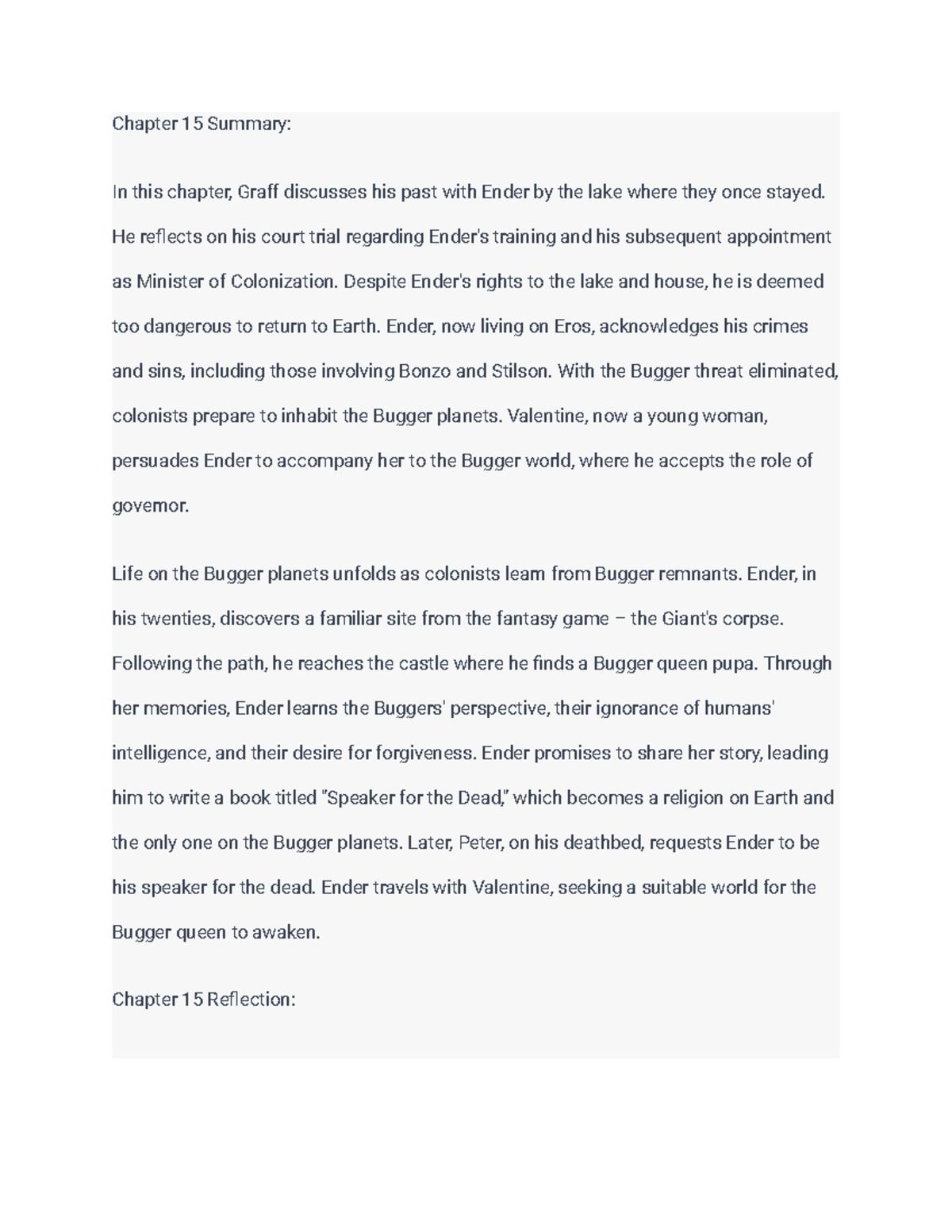 Ender's Game Chapter 15 Summary and Reflection Analysis - Studocu