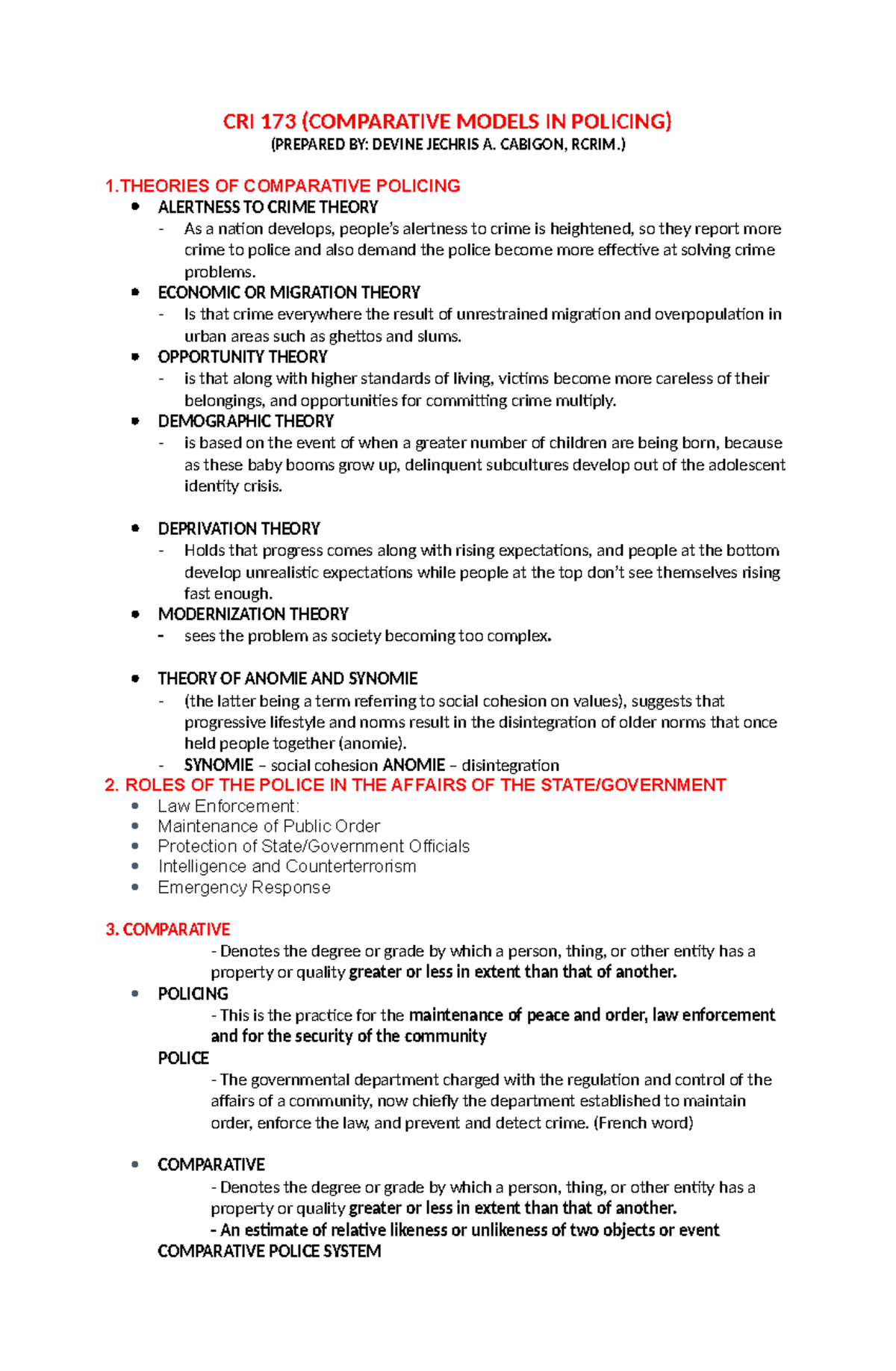 CRI 173 Comparative Models in Policing: Theories and Global ...