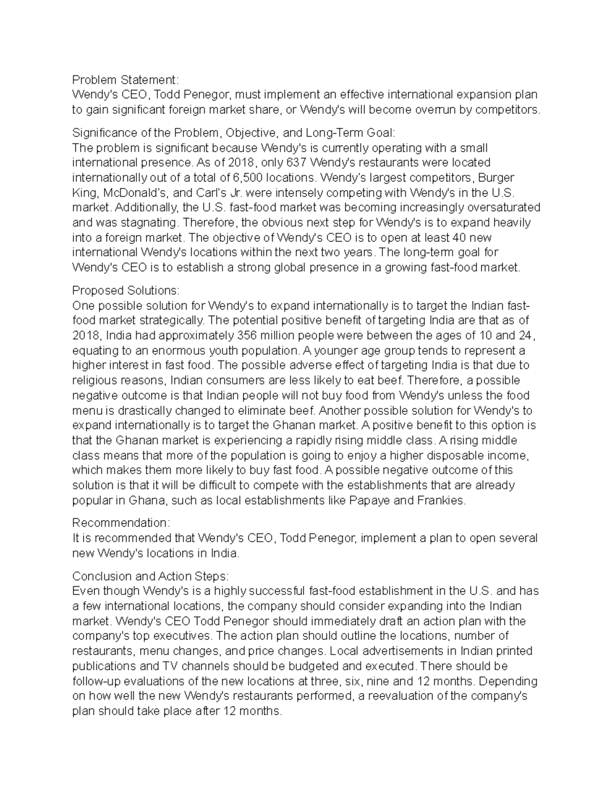 Wendy's Case Analysis BUAD 301 - Problem Statement: Wendy's CEO, Todd ...