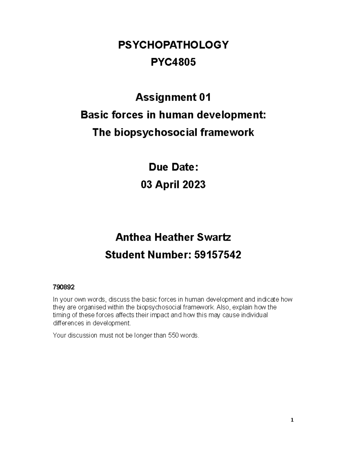 PYC4805 Assignment 01: Forces in Human Development & BPS Framework ...
