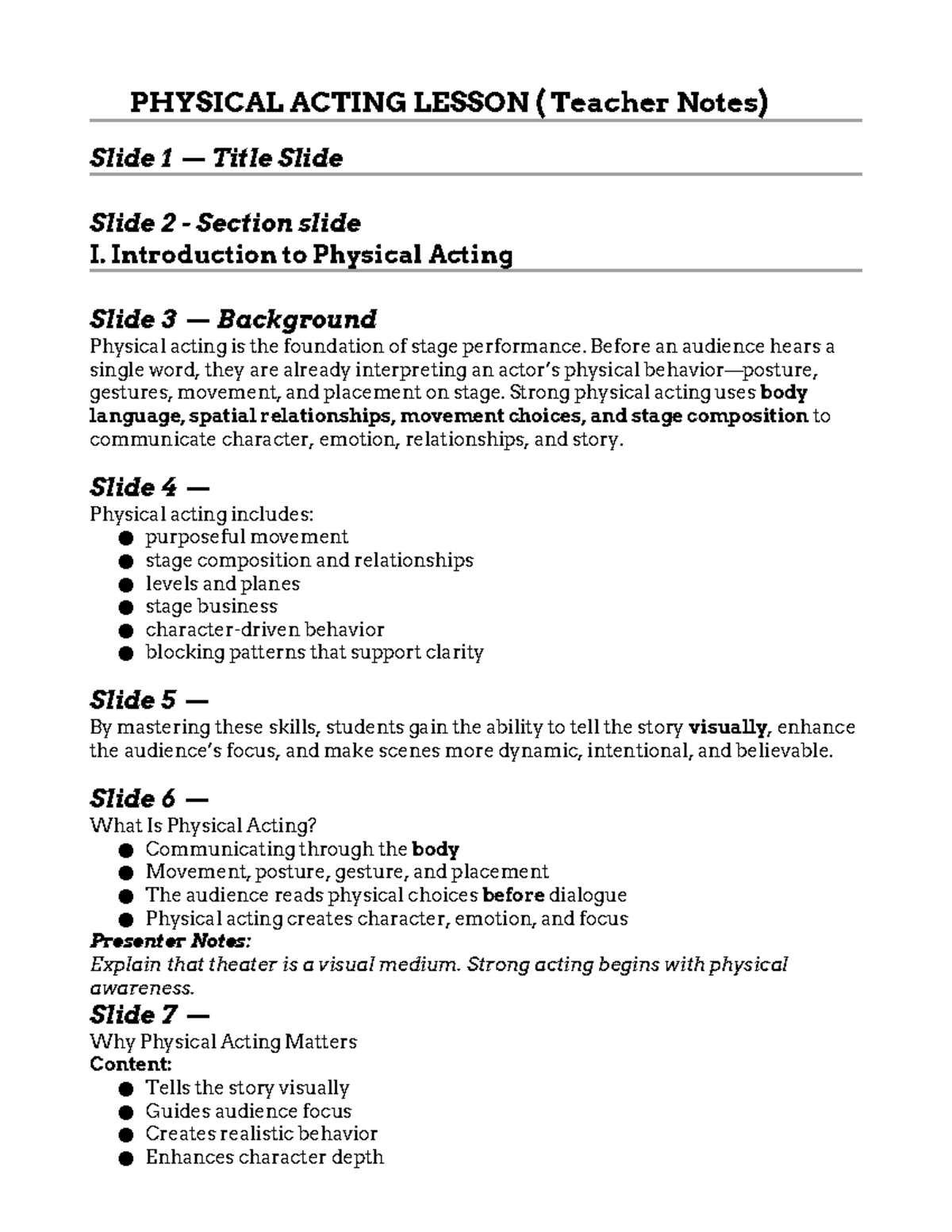 PHYSICAL ACTING LESSON (Teacher Notes) - Chapter 9 Practice - Studocu