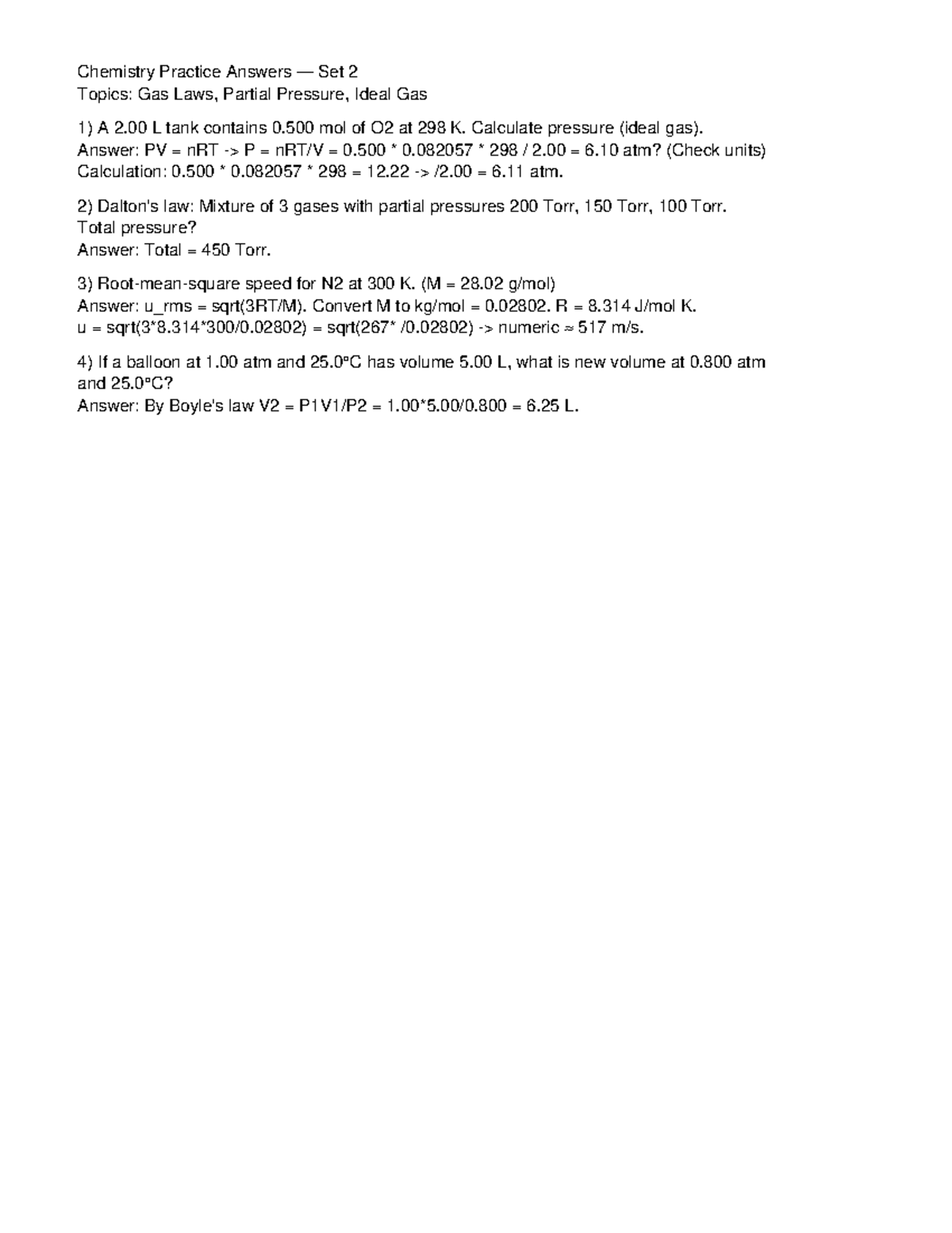 Chemistry Practice Answers Set 2: Gas Laws & Ideal Gas Calculations ...