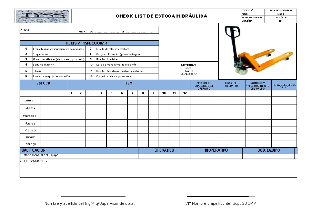 Checklist Estoca Hidráulica - COD 05 - Studocu