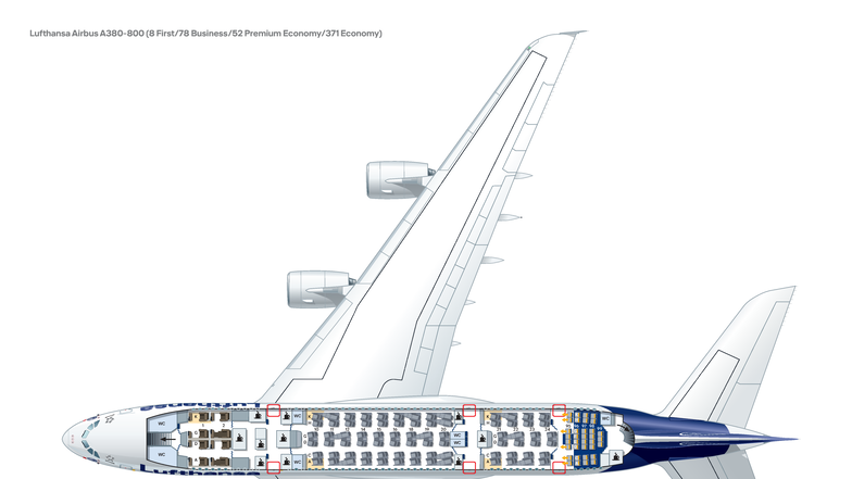 Lufthansa A380-800 Seating Configuration Overview (8F/78B/52PE/371E ...