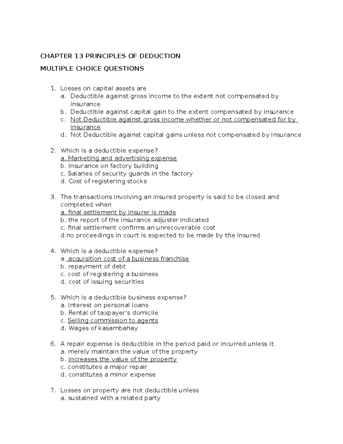 Chapter 13: Principles of Deduction in Taxation - MCQs - Studocu