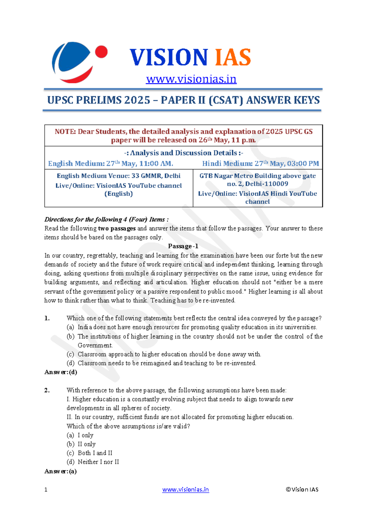 UPSC CSE 2025 Paper II (CSAT) SET B Answer Keys and Analysis - Studocu
