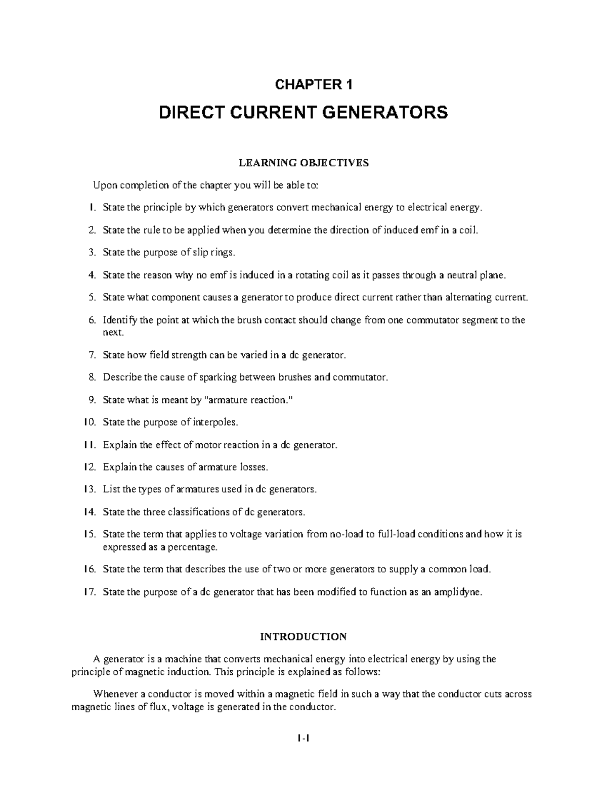 CHAPTER 1: DIRECT CURRENT GENERATORS - LEARNING OBJECTIVES & PRINCIPLES - Studocu