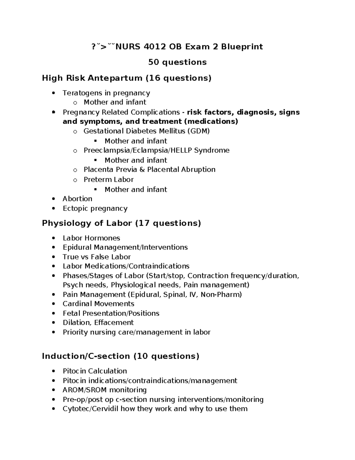 NURS 4012 OB Exam 2 Blueprint: High-Risk Antepartum & Intrapartum Care ...