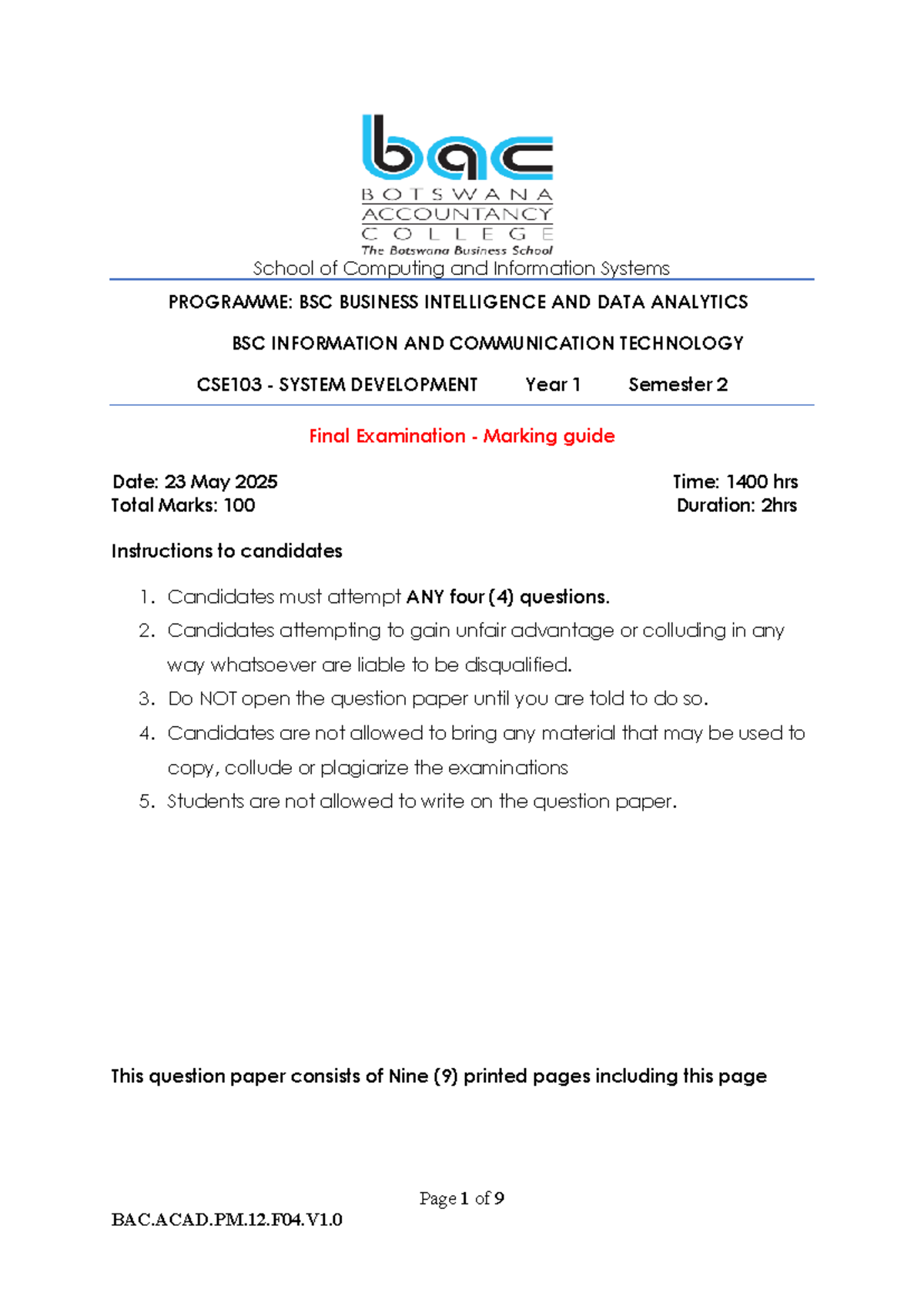 CSE103 System Development Final Exam Marking Guide - May 2025 - Studocu