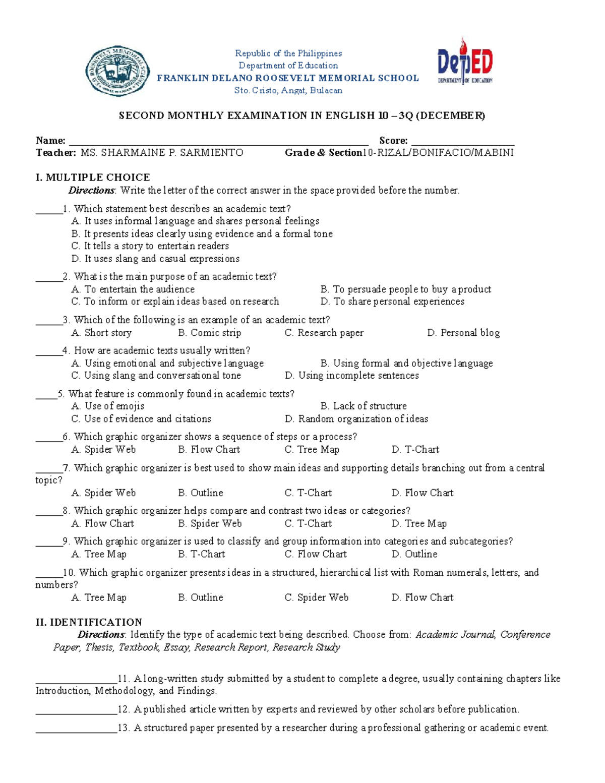 Monthly Exam in English 10 & Applied Economics 3Q (Dec) - Studocu