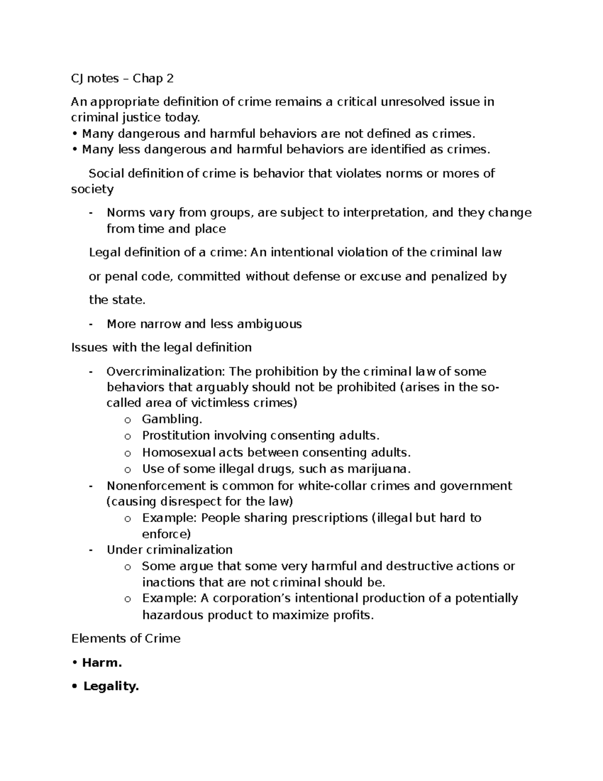 CJ 101 Lecture Notes: Understanding Crime Definitions and Elements ...