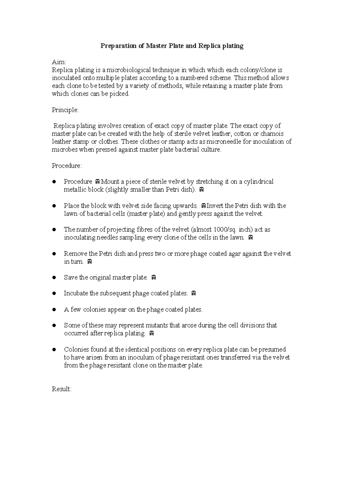 Lab Manual for MSc: Master Plate Replica Plating and DNA Techniques ...