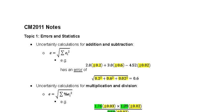 CM2011 Notes: Errors, Statistics, and Uncertainty Calculations - Studocu