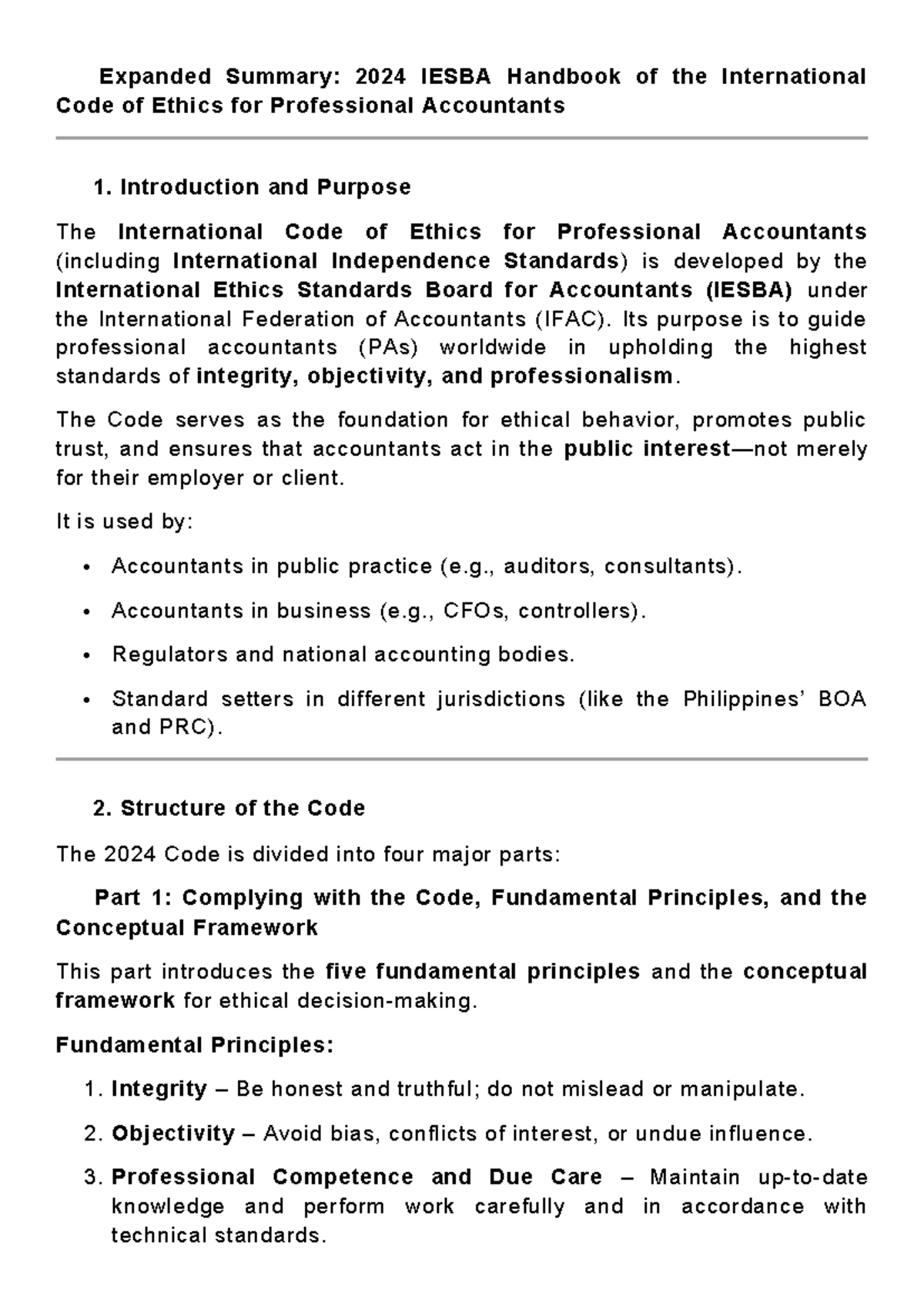2024 IESBA Handbook: Expanded Summary of the Code of Ethics - Studocu