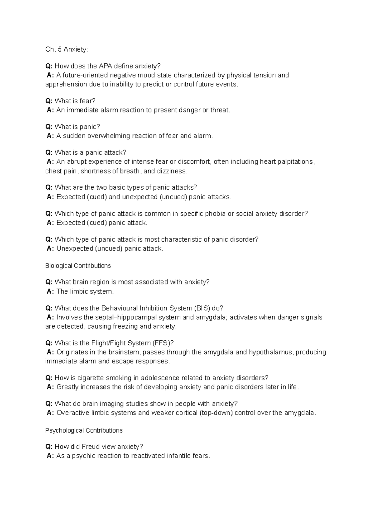 Flashcards for Ch. 5: Understanding Anxiety and Panic Disorders - Studocu