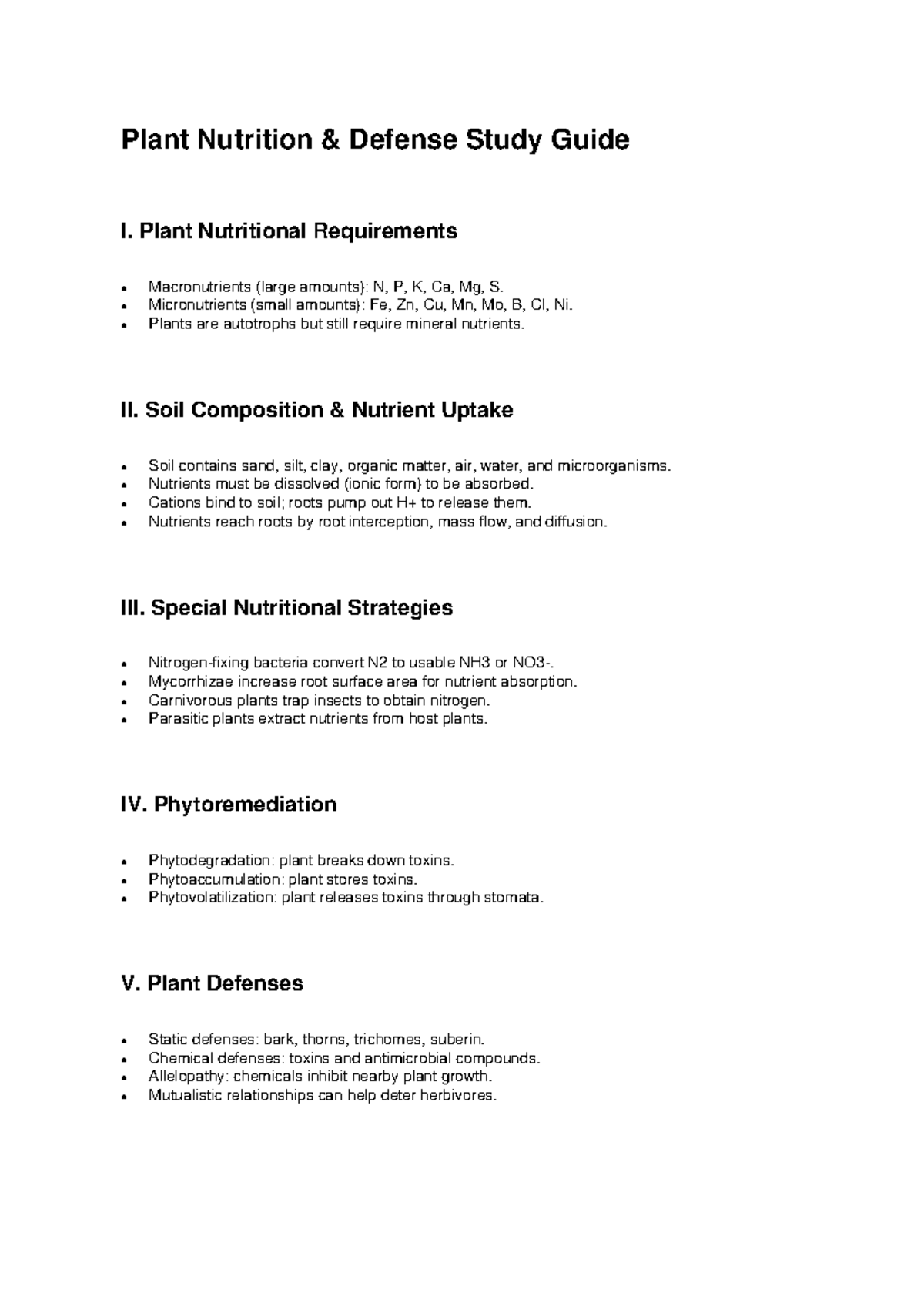 Plant Nutrition & Defense Study Guide (BIOL 101) - Studocu