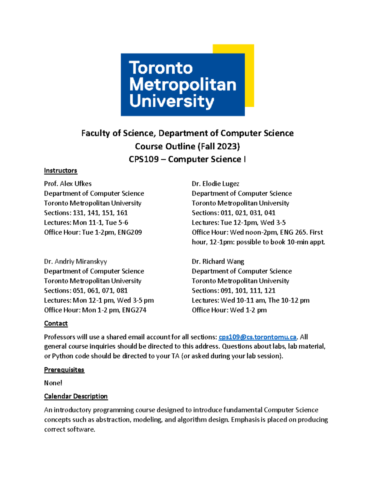 CPS109 Course Outline - Computer Science I Fall 2023 - Studocu