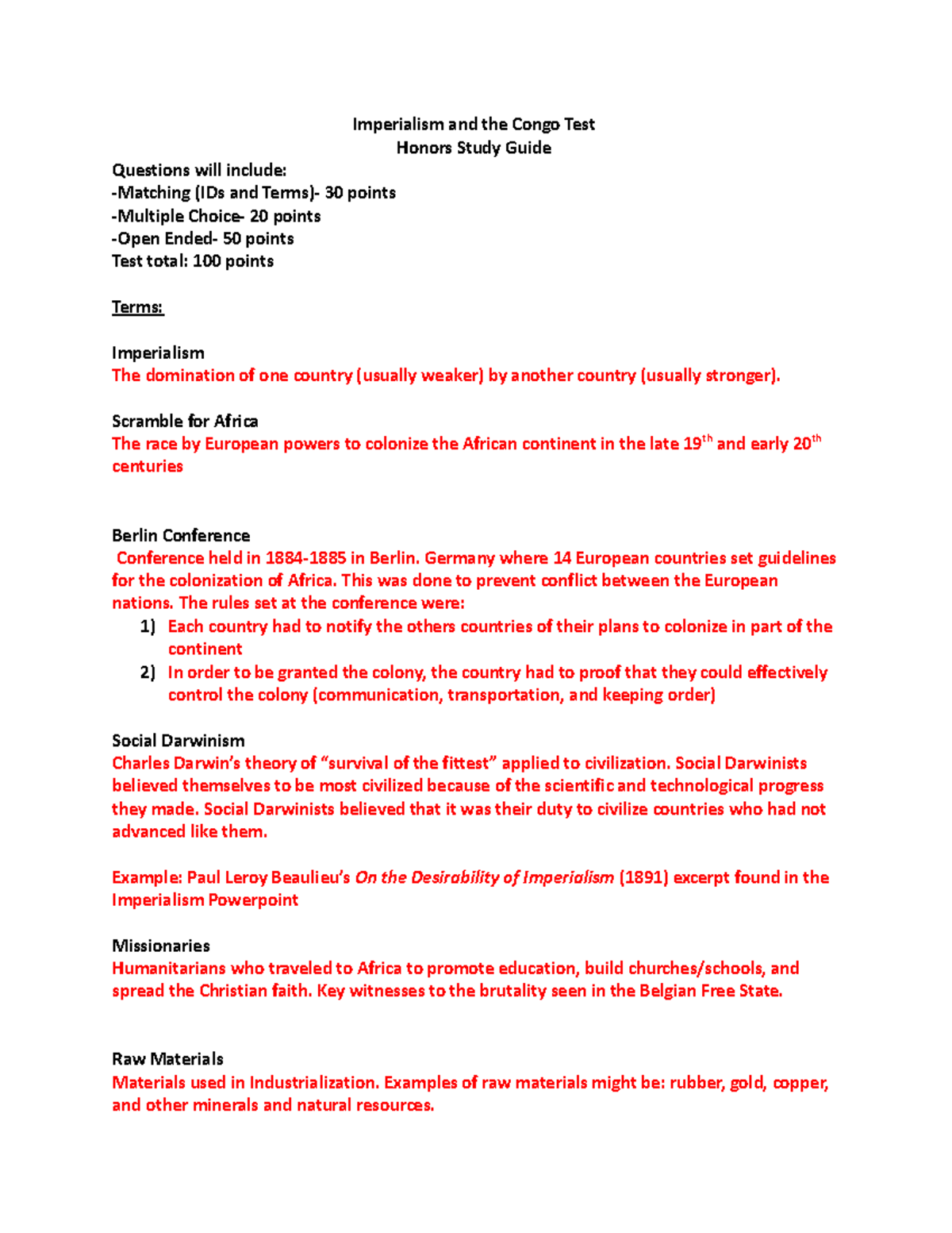 Imperialism and the Congo Test Answer Key - Imperialism and the Congo ...