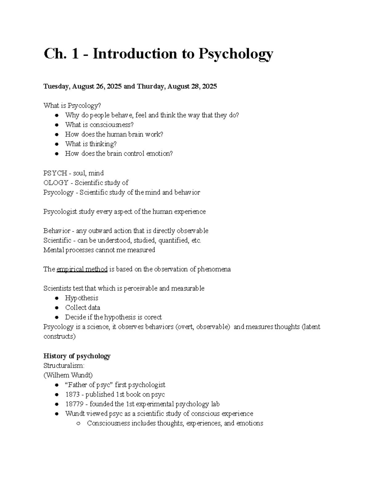 PSYC 1001 - Ch. 1 & 2: Intro to Psychology & Research Methods - Studocu