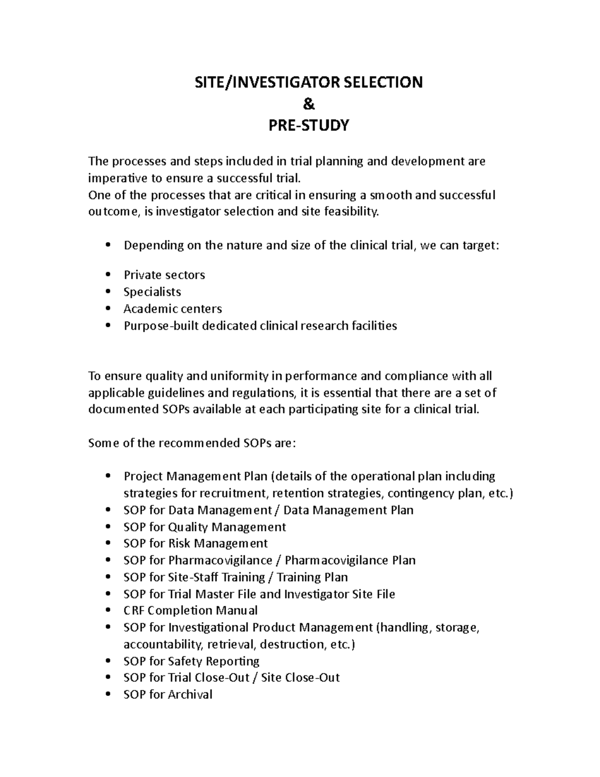 Pre-Study Site Selection & Investigator Criteria in Clinical Trials ...
