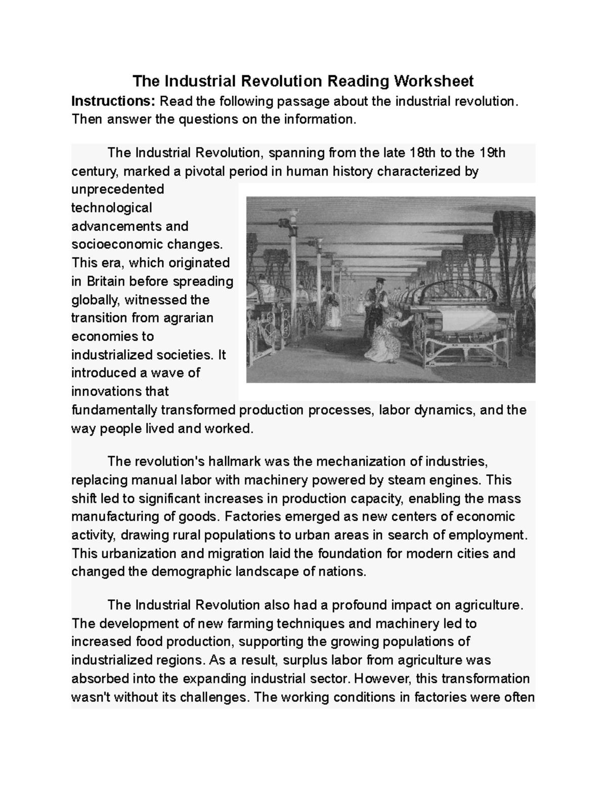 Industrial Revolution Reading Worksheet Freeeditable-1 - The Industrial ...