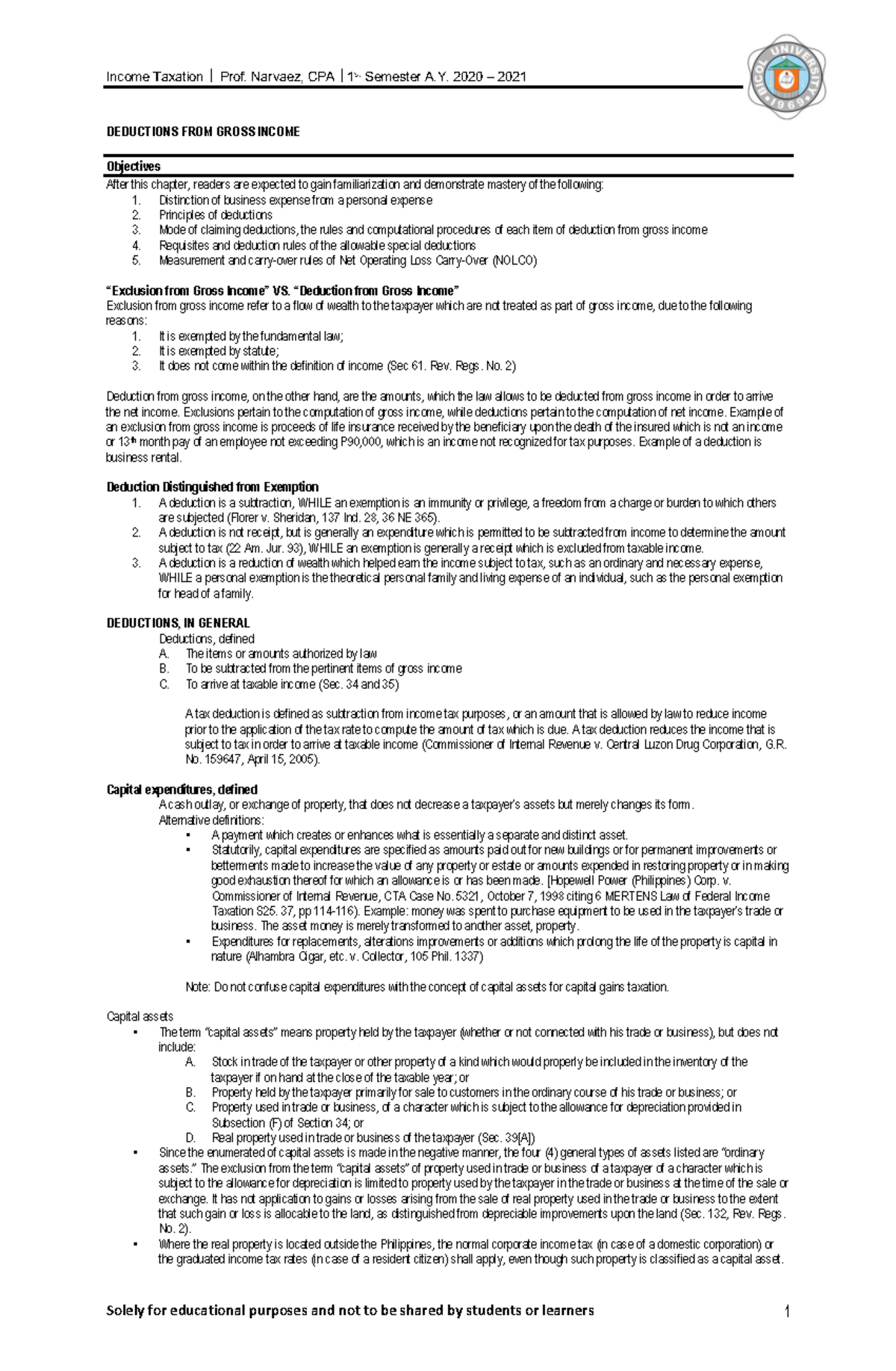 Deductions from Gross Income: Key Principles and Examples - Studocu