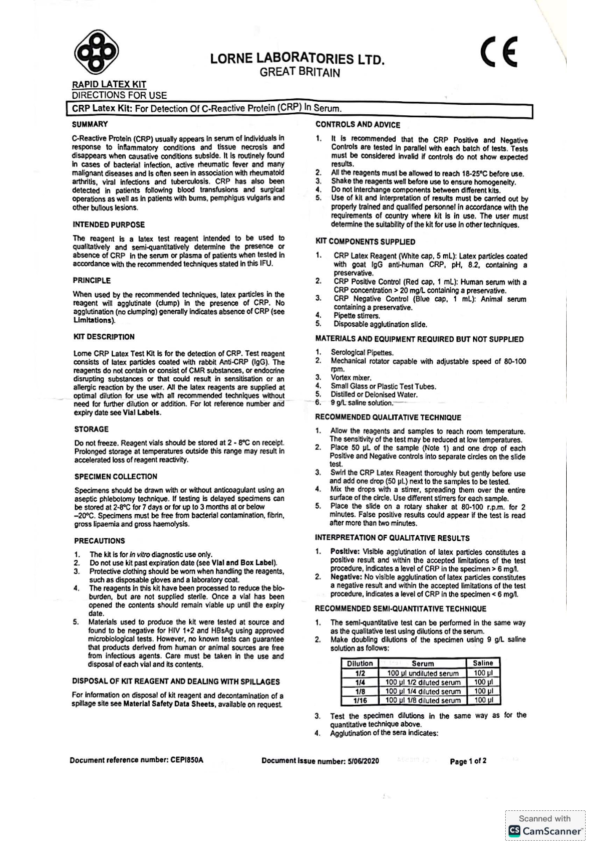 CRP Latex Test Kit Instructions for Use - Lorne Laboratories Ltd. - Studocu