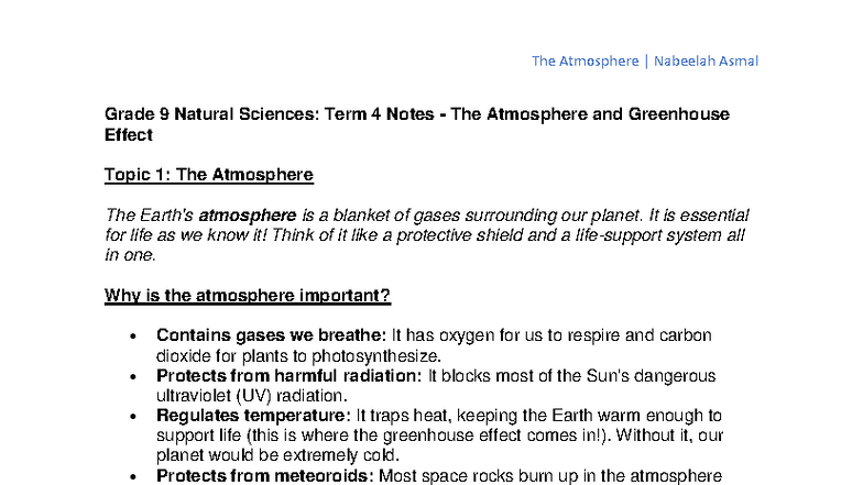 Grade 9 Natural Sciences: Term 4 Notes on The Atmosphere - Studocu