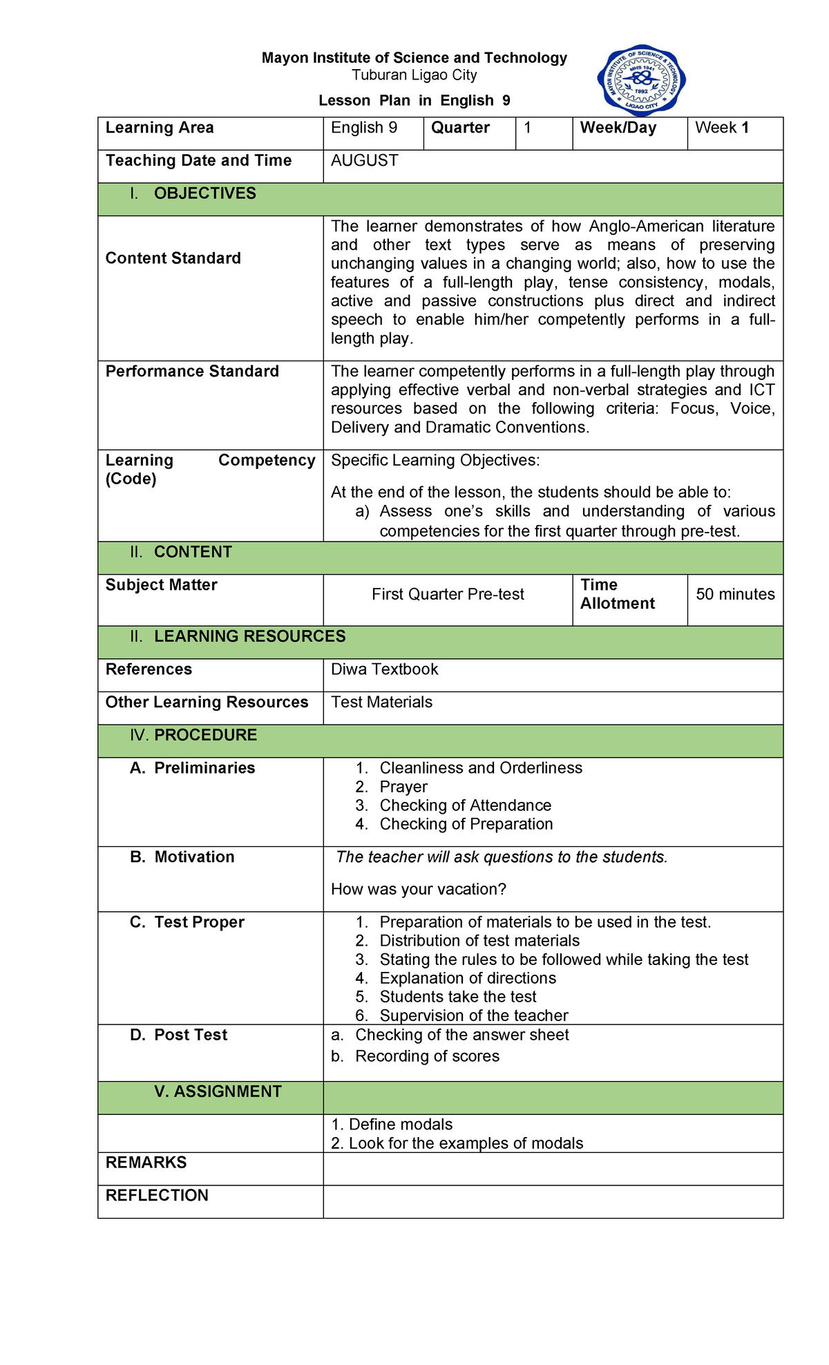 Grade 9 English LP - ESP G9 Curriculum MAP - Tuburan Ligao City Lesson ...