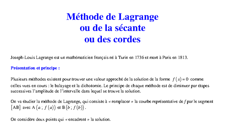 TS Méthode de Lagrange - wwwwww - Méthode de Lagrange ou de la sécante ou des cordes Joseph ...
