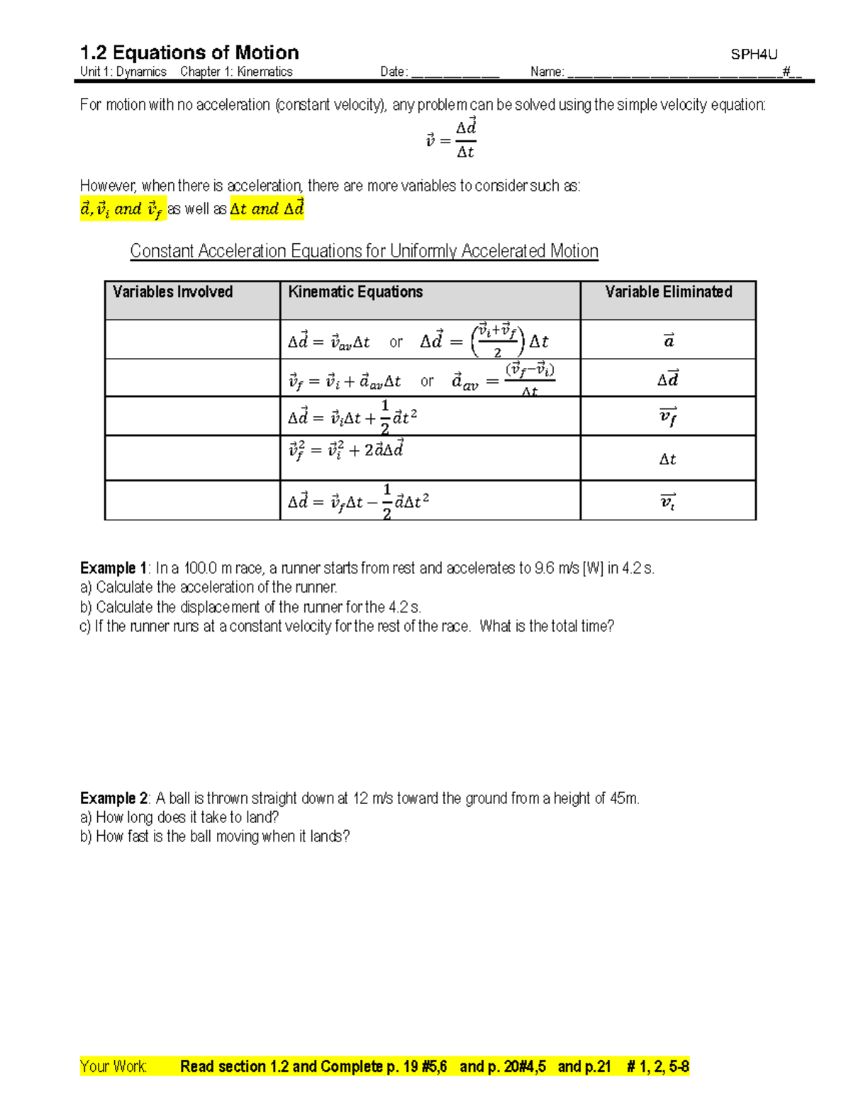 1.2 Motion Equations Review - 1 Equations of Motion SPH4U Unit 1 ...