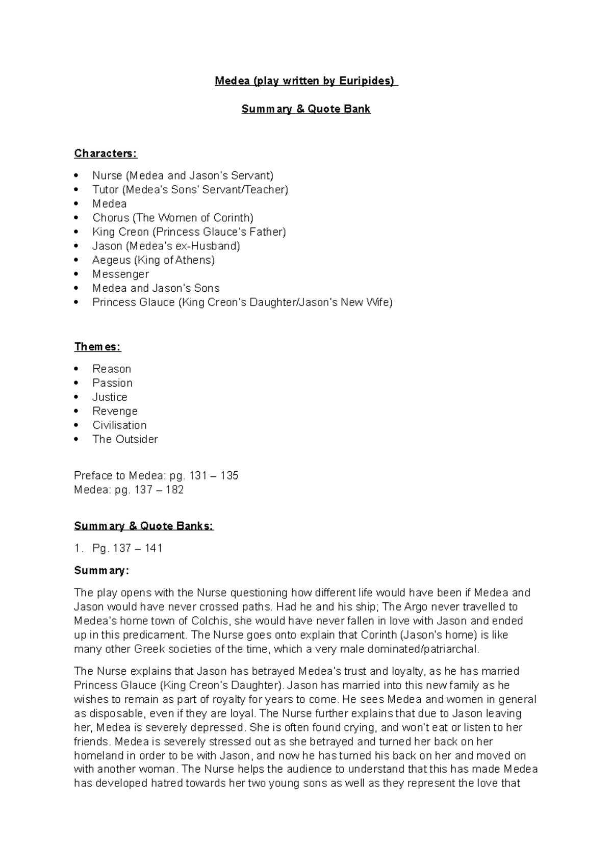 Medea by Euripides: Quotes, Summaries & Character Themes Analysis - Studocu