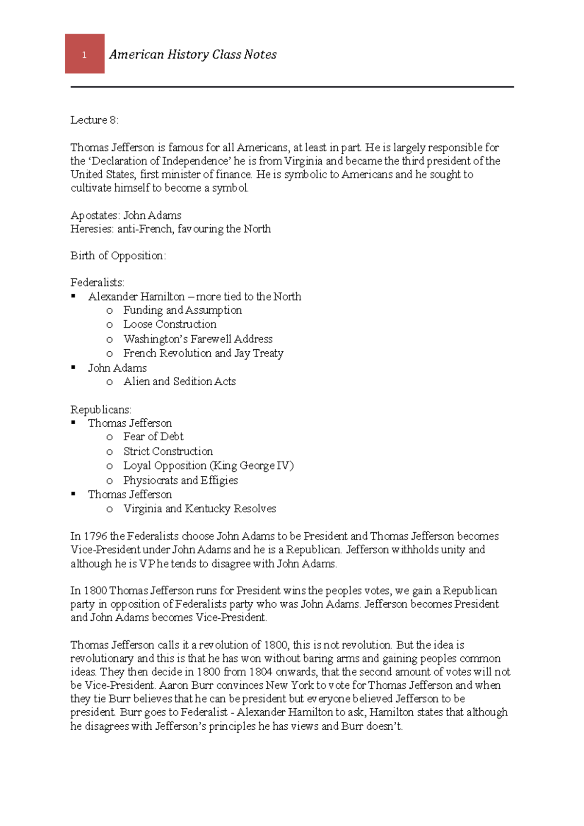 Lecture 8 - Jeffersonian America - 1 American History Class Notes ...