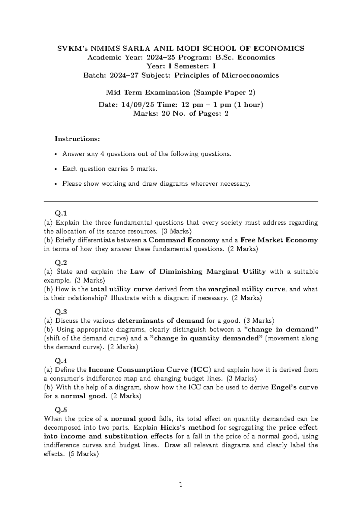 B.Sc. Economics I Sem: Principles of Microeconomics Midterm Exam Sample ...