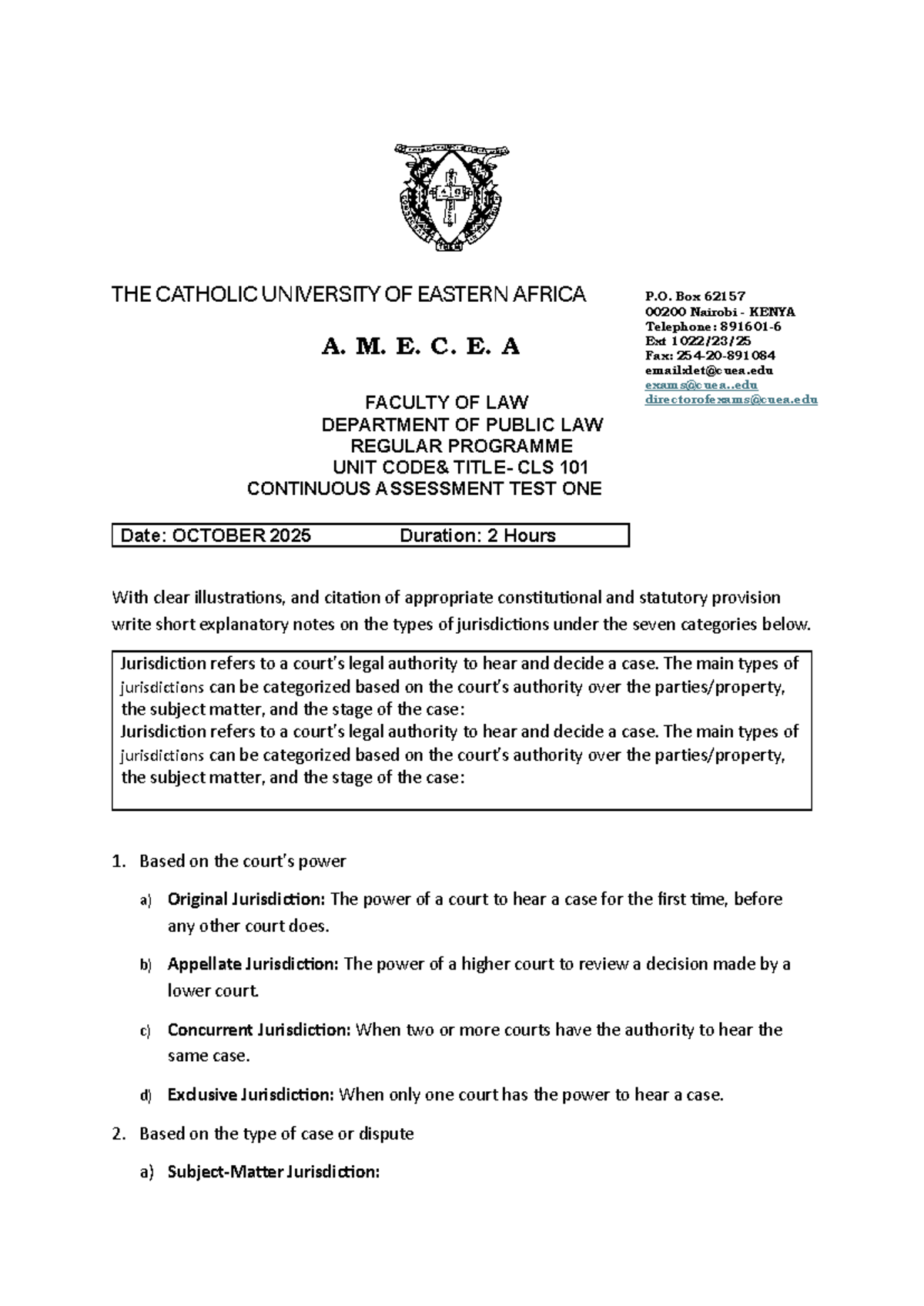 CLS 101 Continuous Assessment Test: Types of Jurisdictions Explained ...