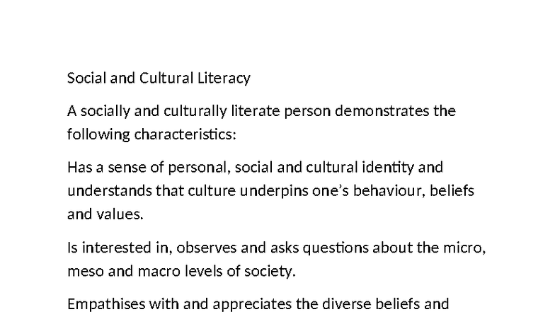Social and Cultural Literacy: Concepts and Research Methods - Studocu