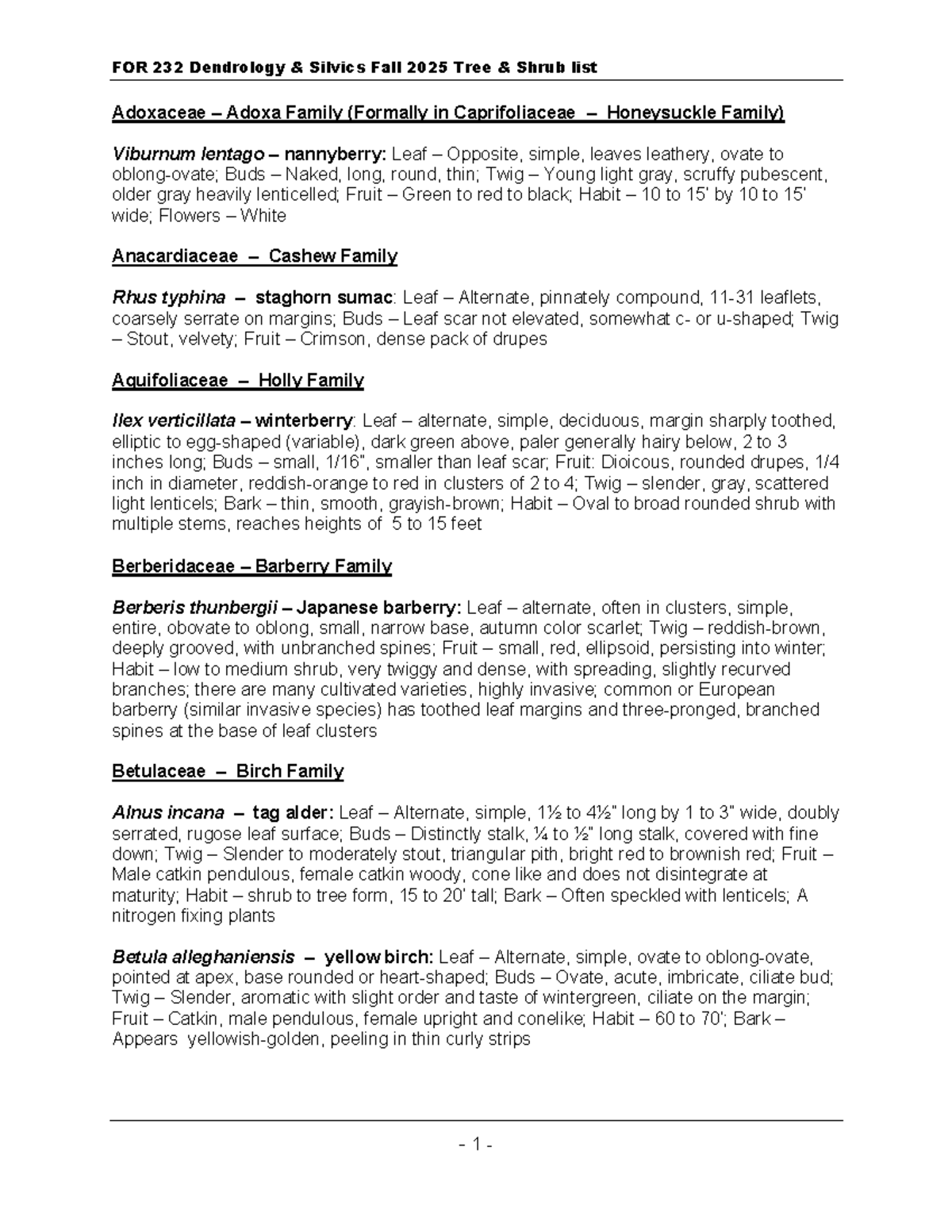 FOR 232 Dendrology & Silvics Fall 2025: Tree & Shrub Identification ...
