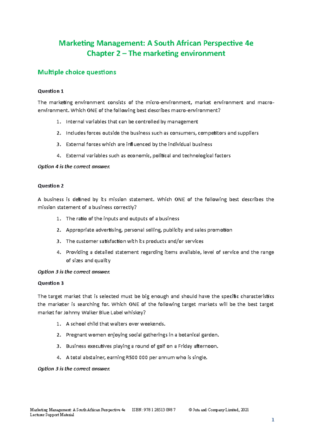 Chapter 2 MCQS 4e - MCQ - Marketing Management: A South African Perspective 4e Chapter 2 – The ...