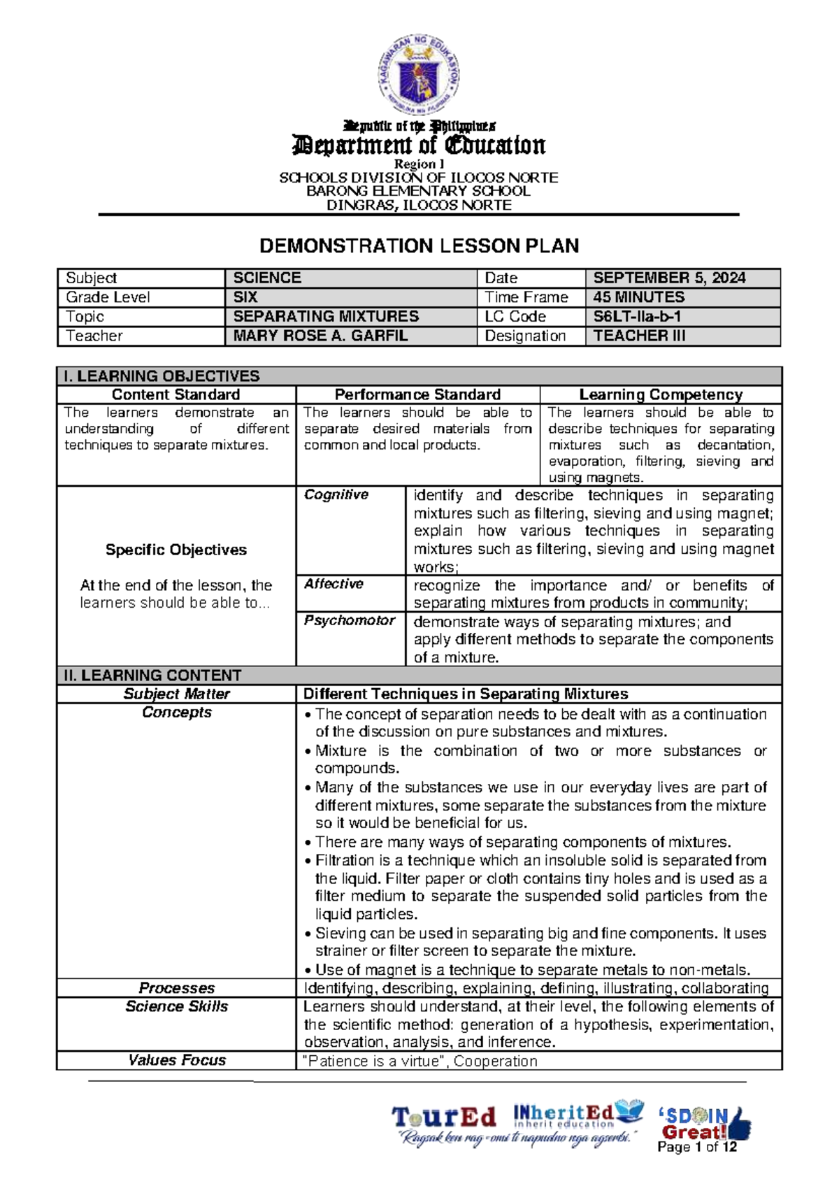 Science Lesson Plan: Techniques for Separating Mixtures (S6LT-IIa-b-1 ...