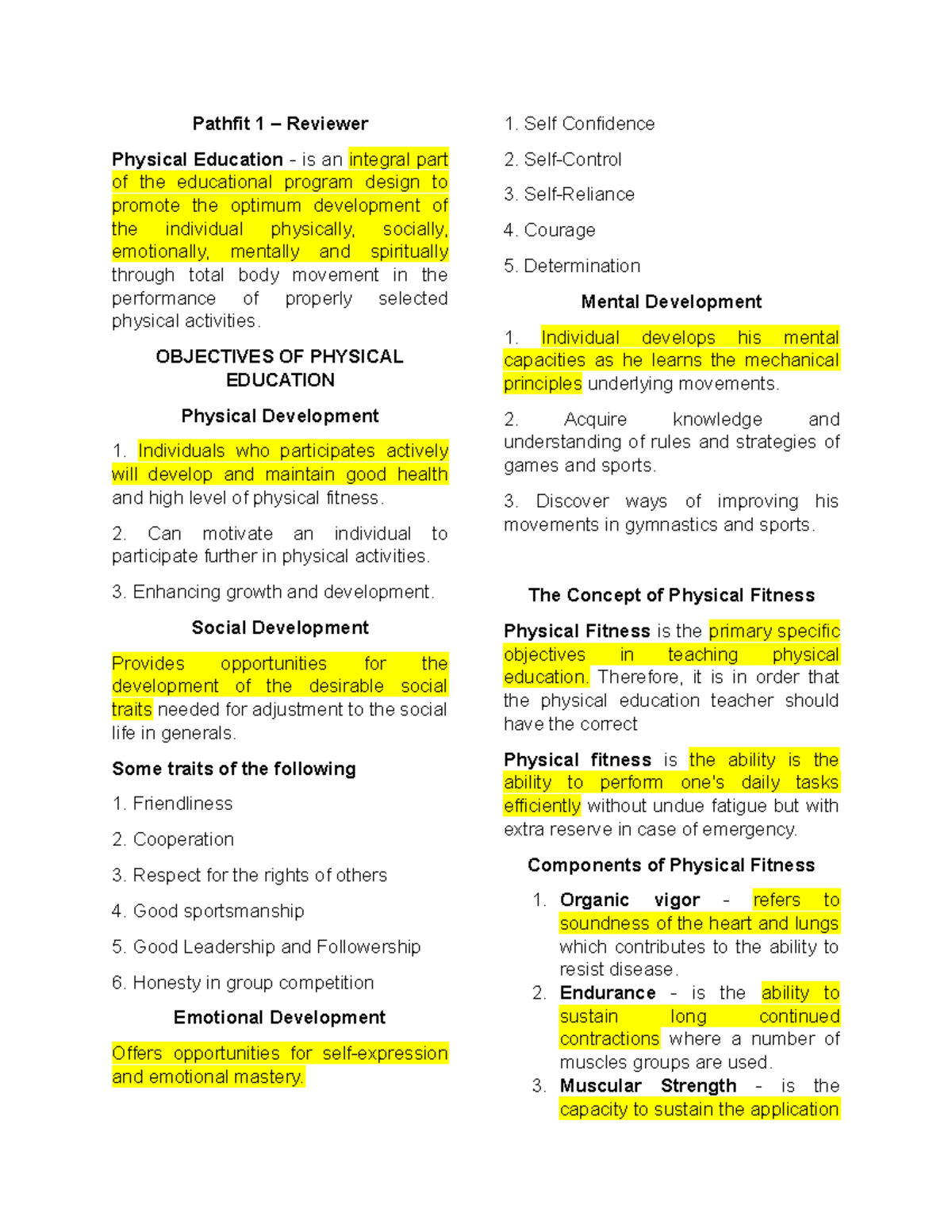 Pathfit 1 - Module 1 Reviewer on Physical Education Objectives - Studocu
