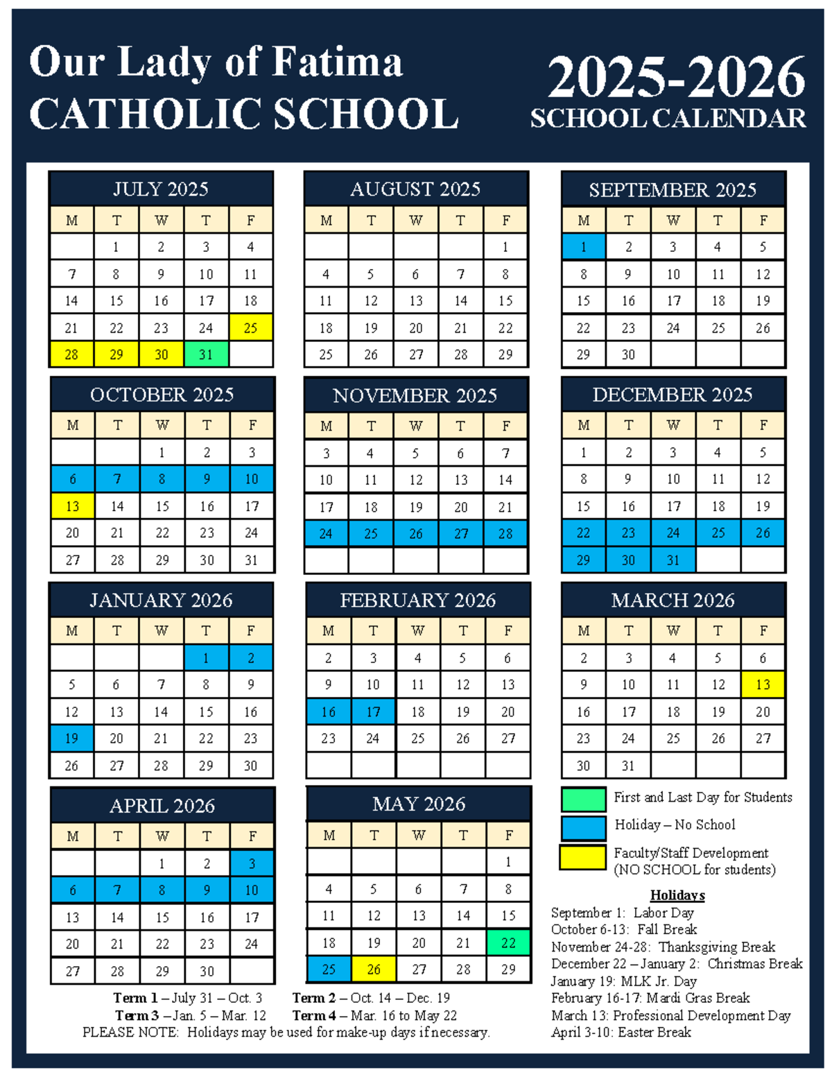 Elementary School Calendar 2025-2026: Our Lady of Fatima - Studocu