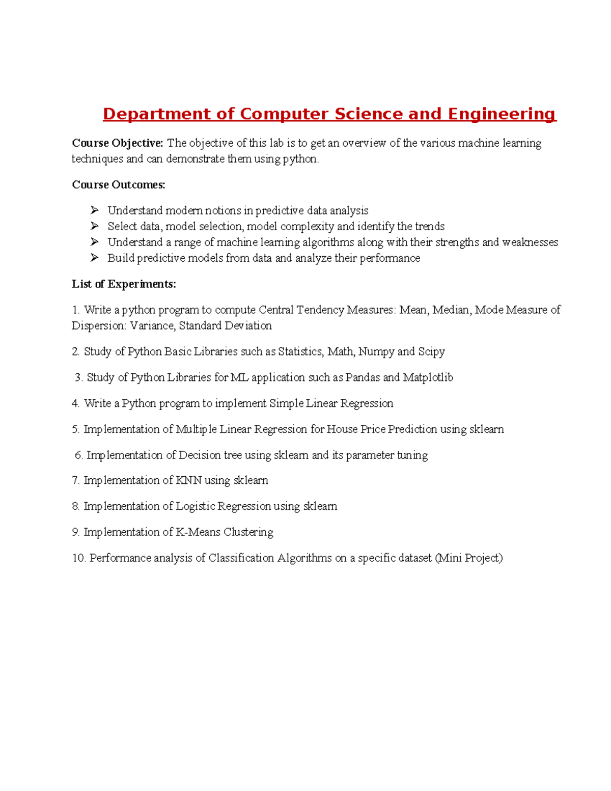 ML LAB Manual - CSE 101: Python for Machine Learning Techniques - Studocu