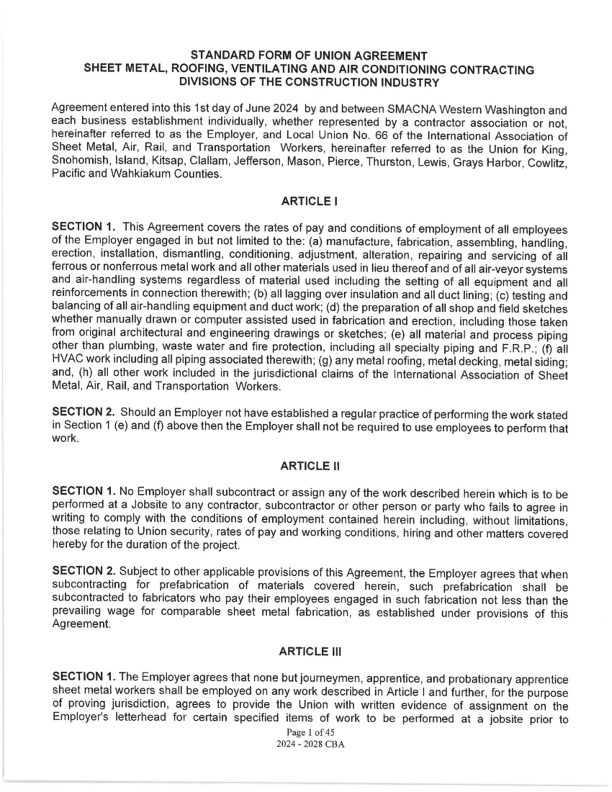 Standard Form of Union Agreement: SMACNA & Local 66 (2024-2028) - Studocu
