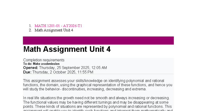 MATH 1201 Unit 4 Assignment: Polynomial & Rational Functions Analysis - Studocu