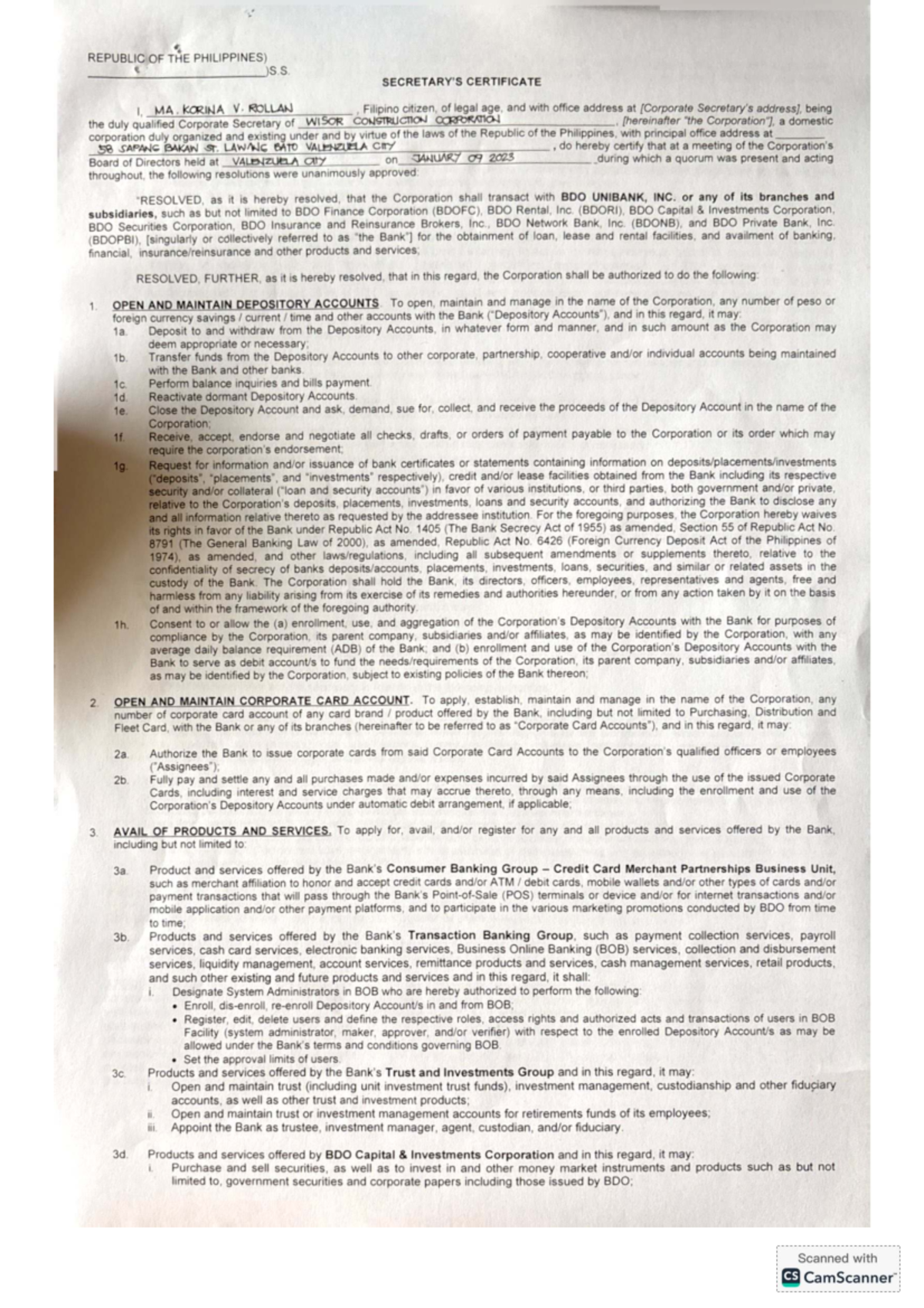 Corporate Secretary Certification for WISOR CONSTRUCTION (2023) - Studocu