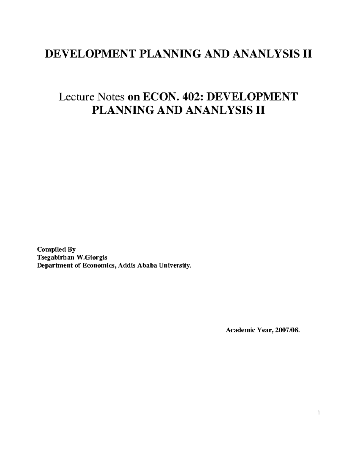 Economic Development Planning and Project Analysis II - ECON 402 ...