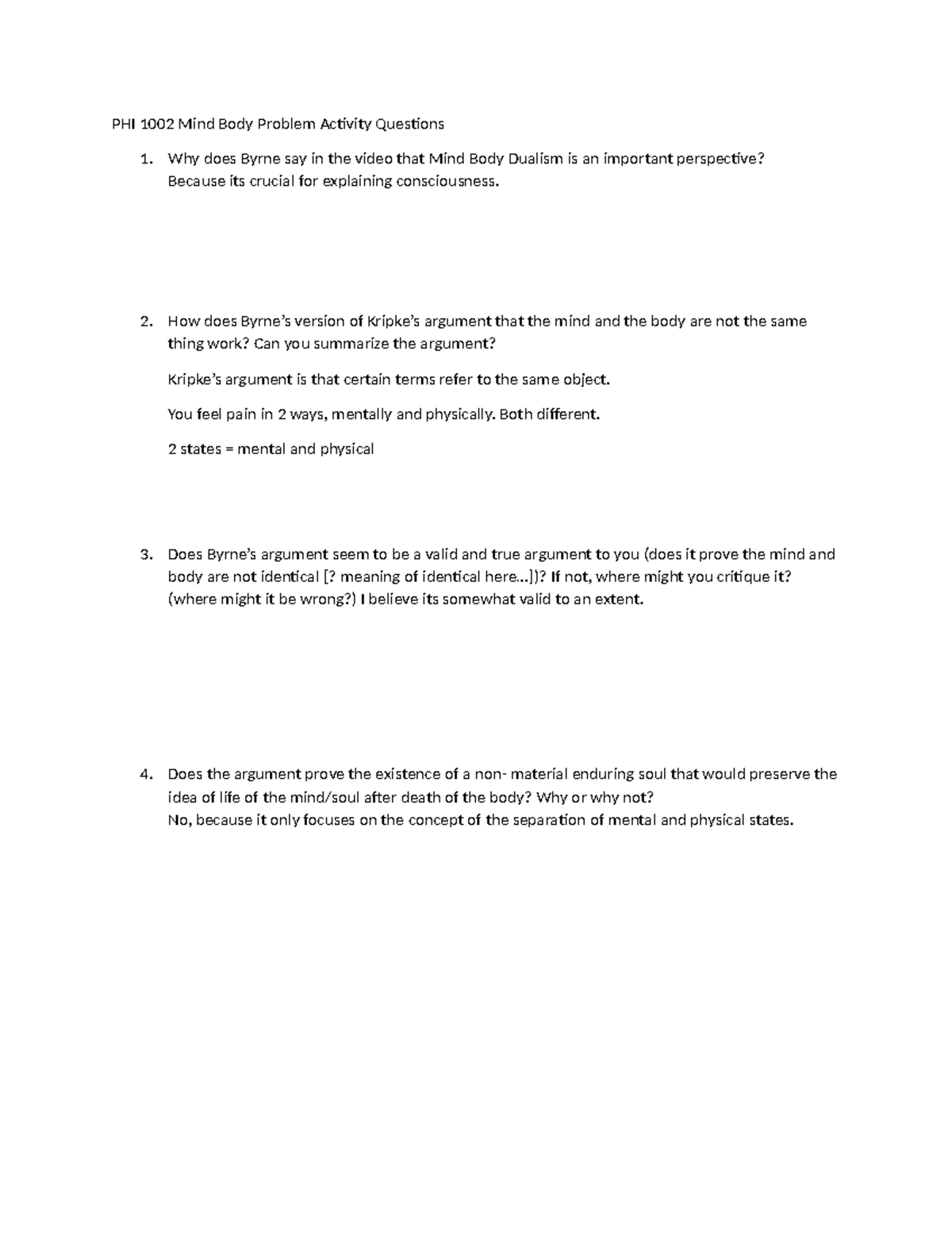 PHI 1002 Mind Body Problem: Activity Questions Analysis - Studocu