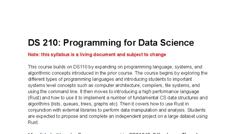 Syllabus for DS 210: Programming for Data Science B1 - Studocu