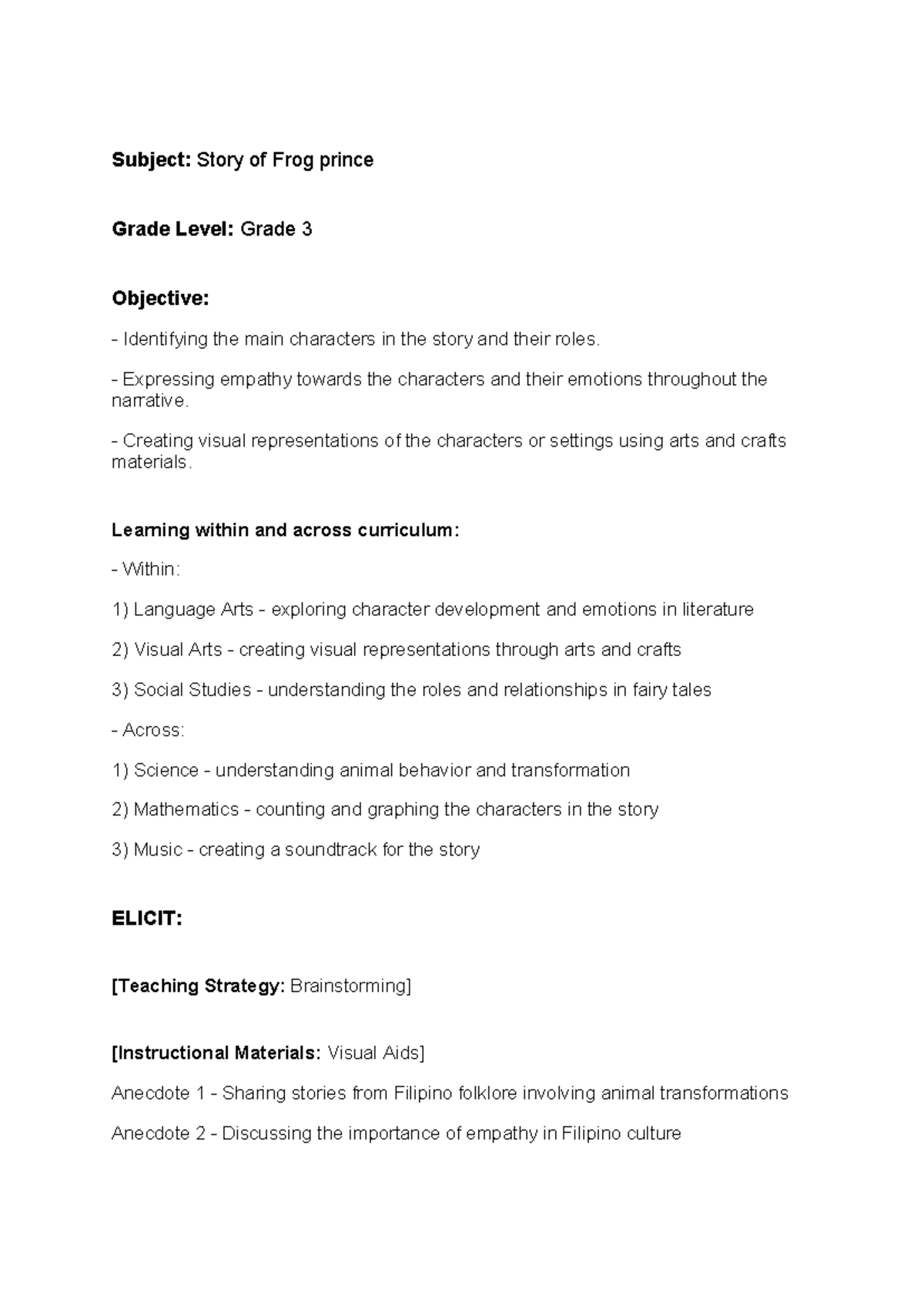 Lesson plan - Notes - Subject: Story of Frog prince Grade Level: Grade ...